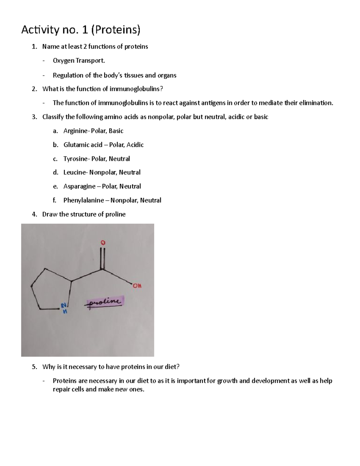 Biochemistry Activity no. 1 (Proteins) - Pharmaceutical Biochemistry ...