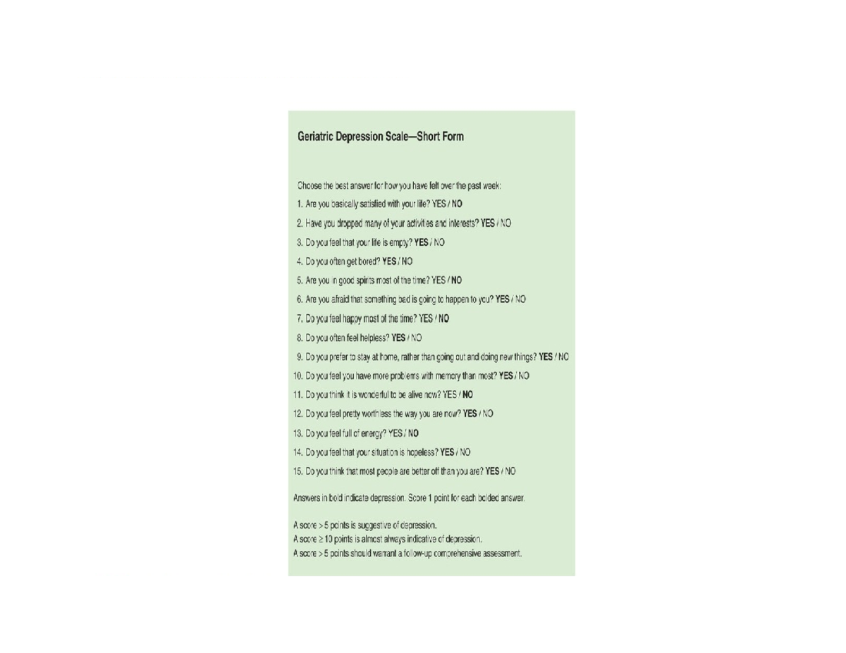 Geriatric depression scale assessment questionnaire - Studocu