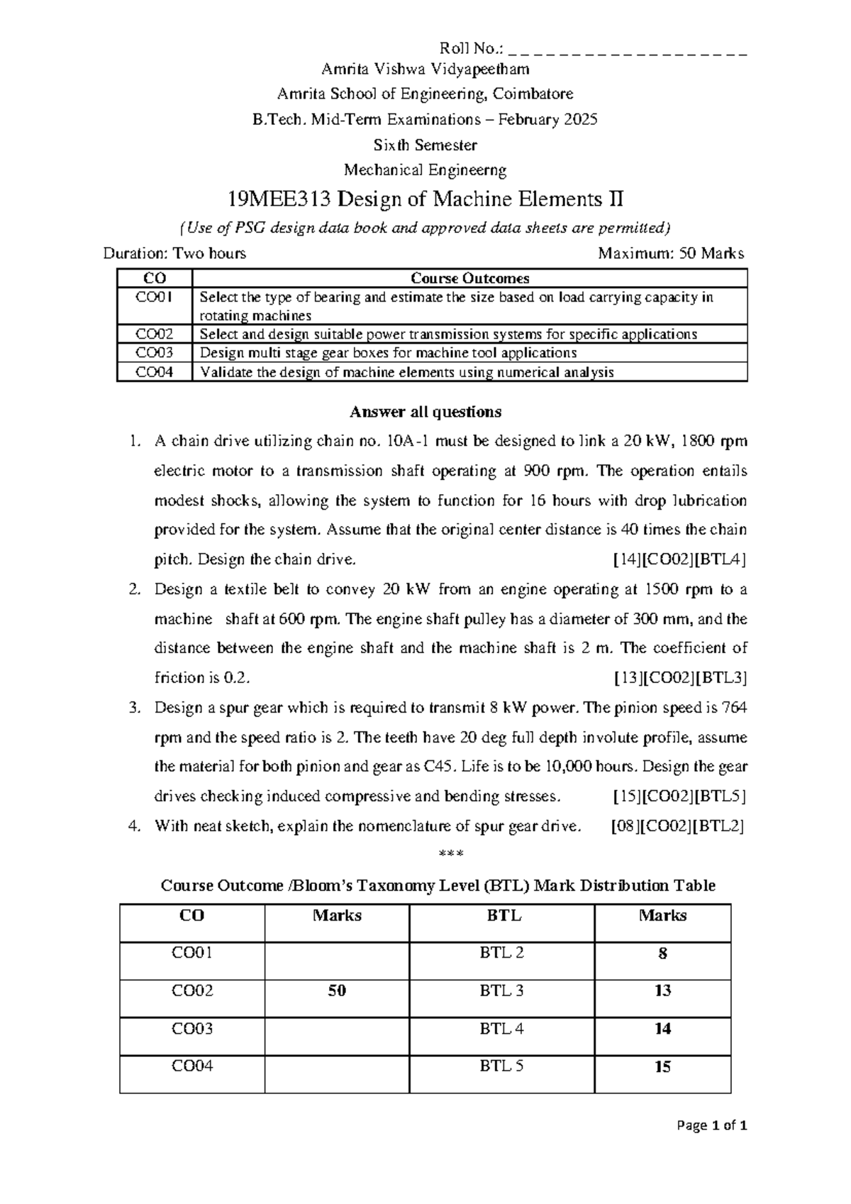 19MEE313 VI Sem Mid Term Exam Notes - Design of Machine Elements II ...