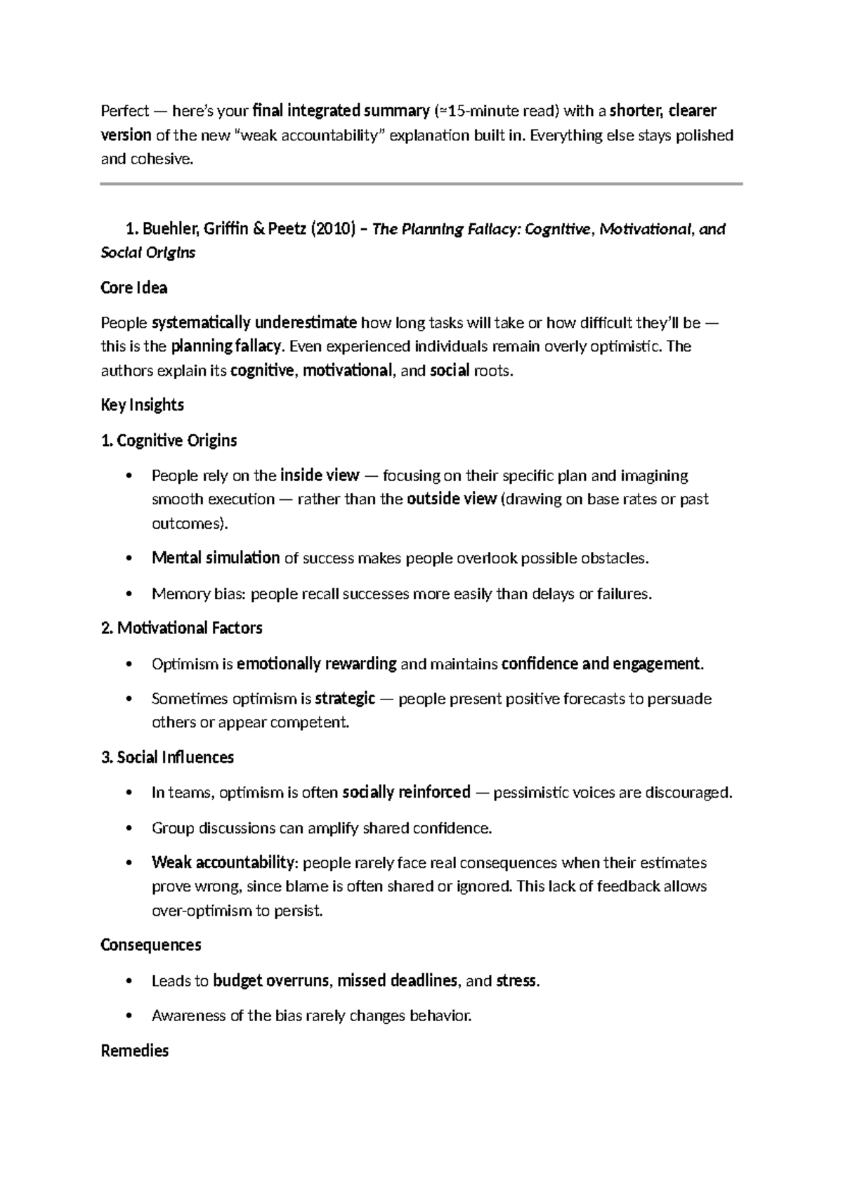 Lecture 5 Summary: Insights on Planning Fallacy & Motivation - Studeersnel
