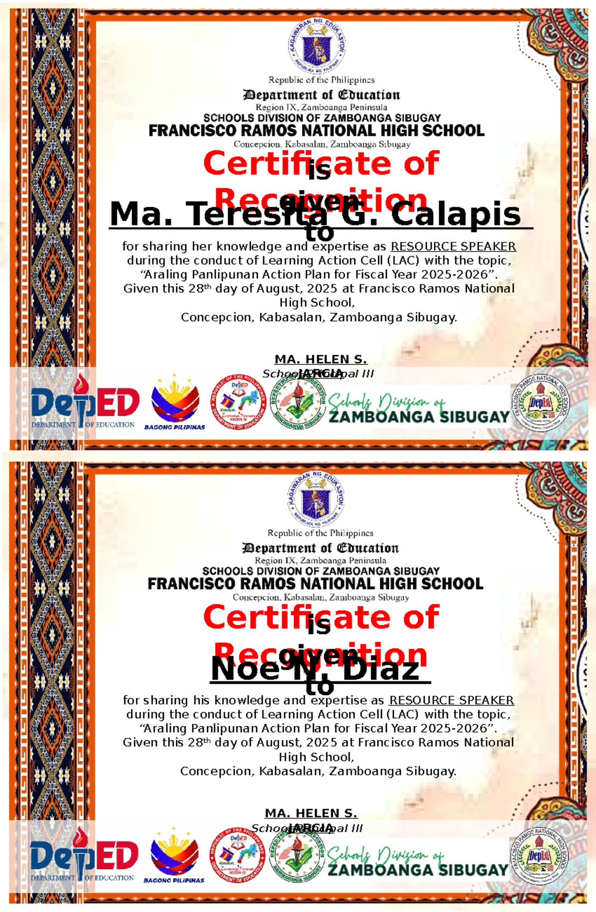 LAC Certificate of Recognition for Resource Speakers - Studocu