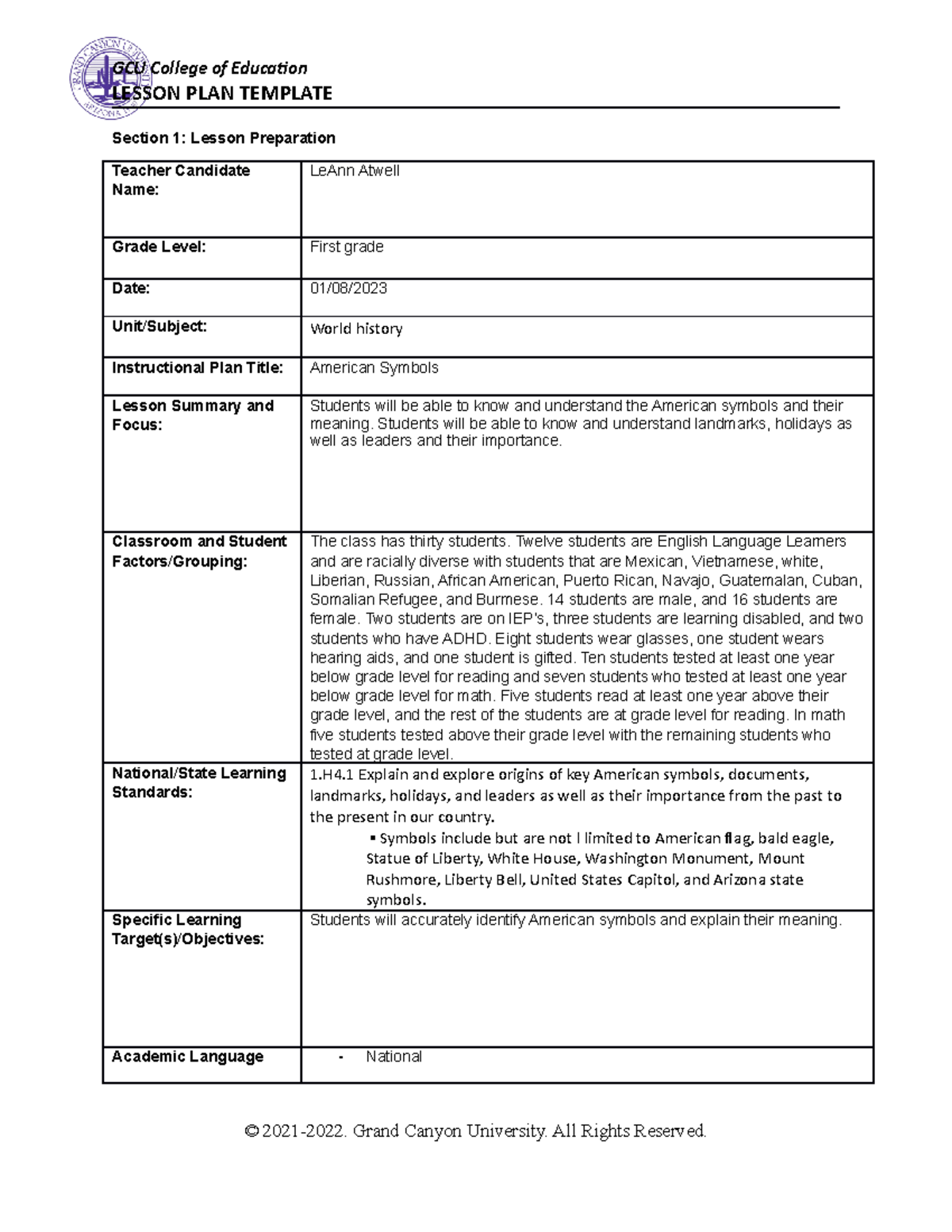 Coe-Lesson Plan: Understanding American Symbols for First Grade - Studocu