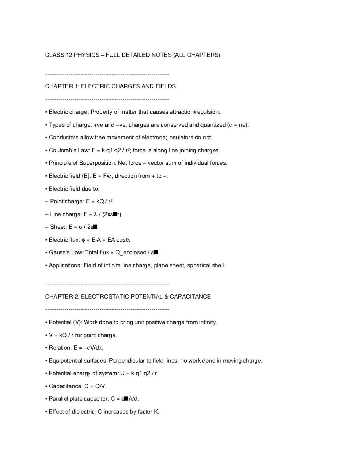 CLASS 12 PHYSICS FULL DETAILED NOTES (ALL CHAPTERS) - Studocu