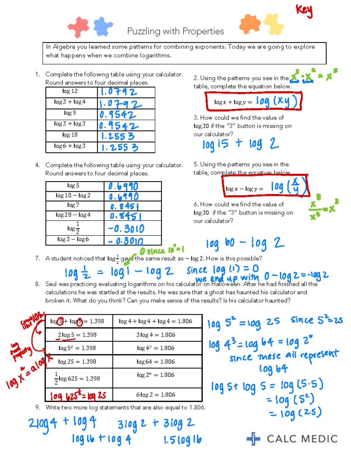 Lesson 5.6 Logarithm Manipulations Answer Key - AP Precalculus - Studocu