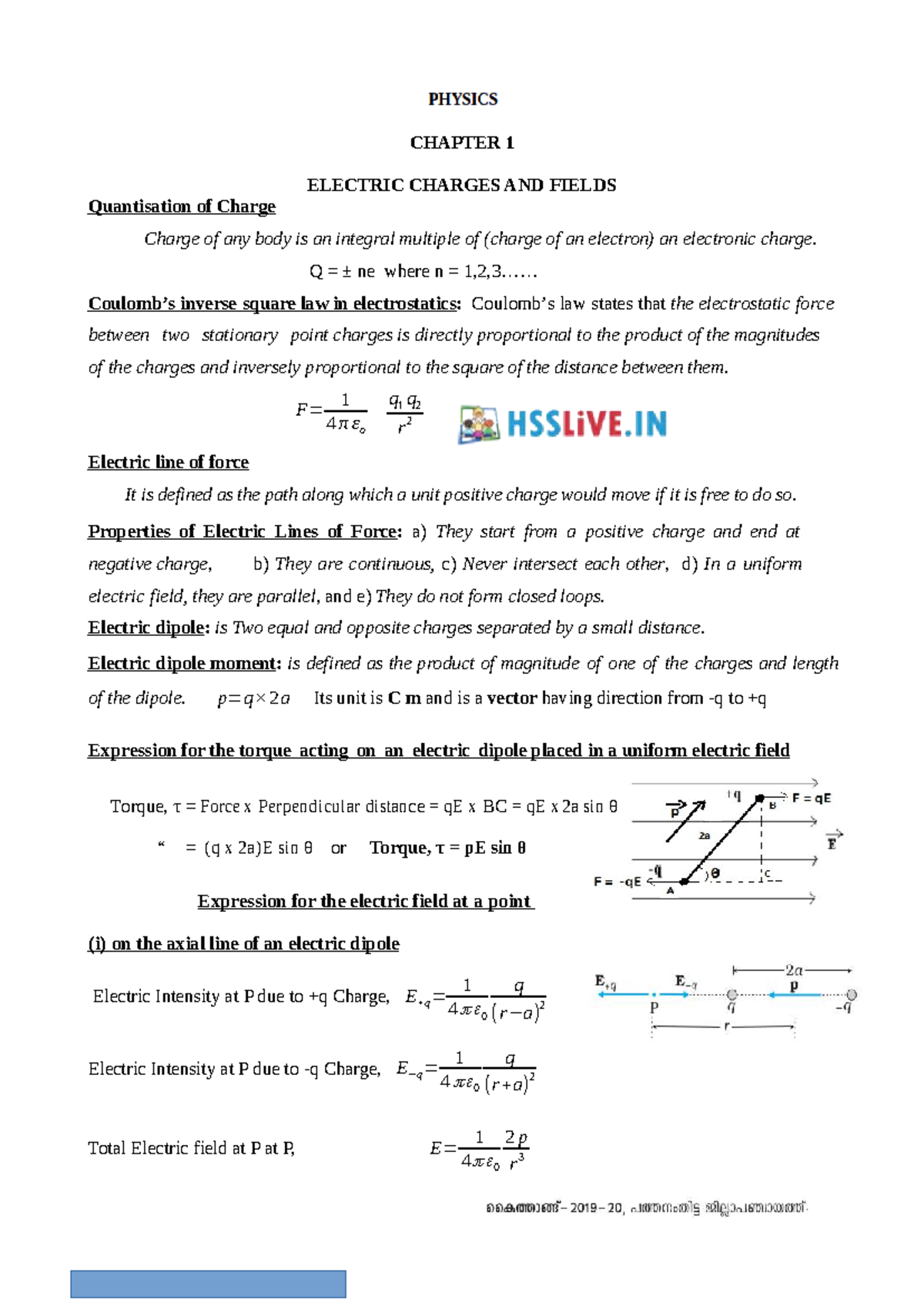 +2 Physics Quick Revision: Chapter 1 - Electric Charges & Fields - Studocu