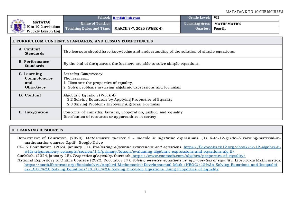 Lesson Log Matatag Mathematics 7 - MATATAG K to 10 Curriculum Weekly ...