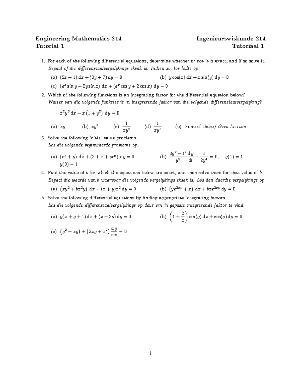 Engineering Mathematics 214 Tutorial 1: Exact Differential Equations ...