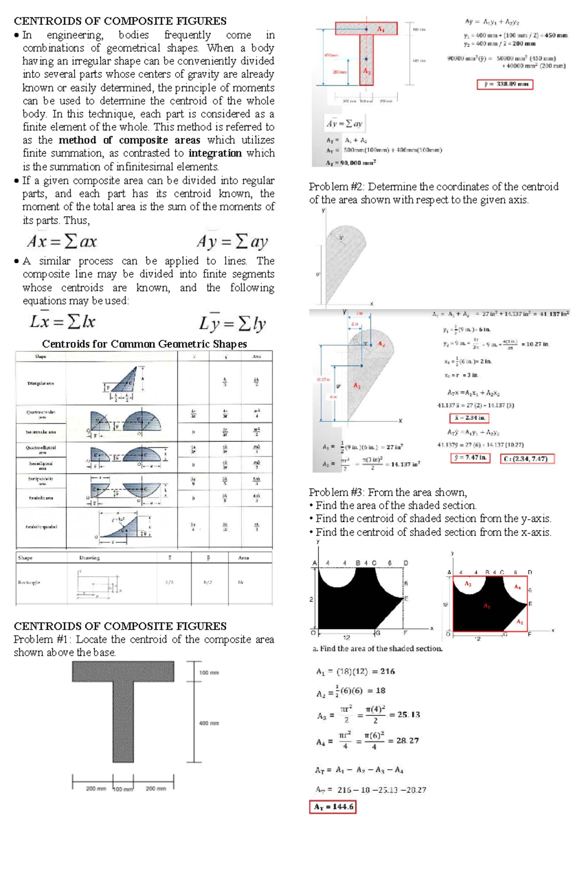 ENGR 101: Centroids of Composite Figures - Methods & Problems - Studocu