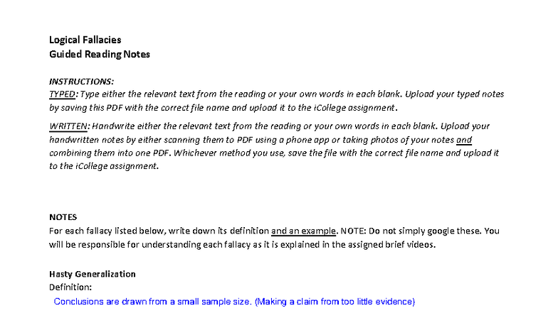 Logical Fallacies Guided Reading Notes: Definitions & Examples - Studocu