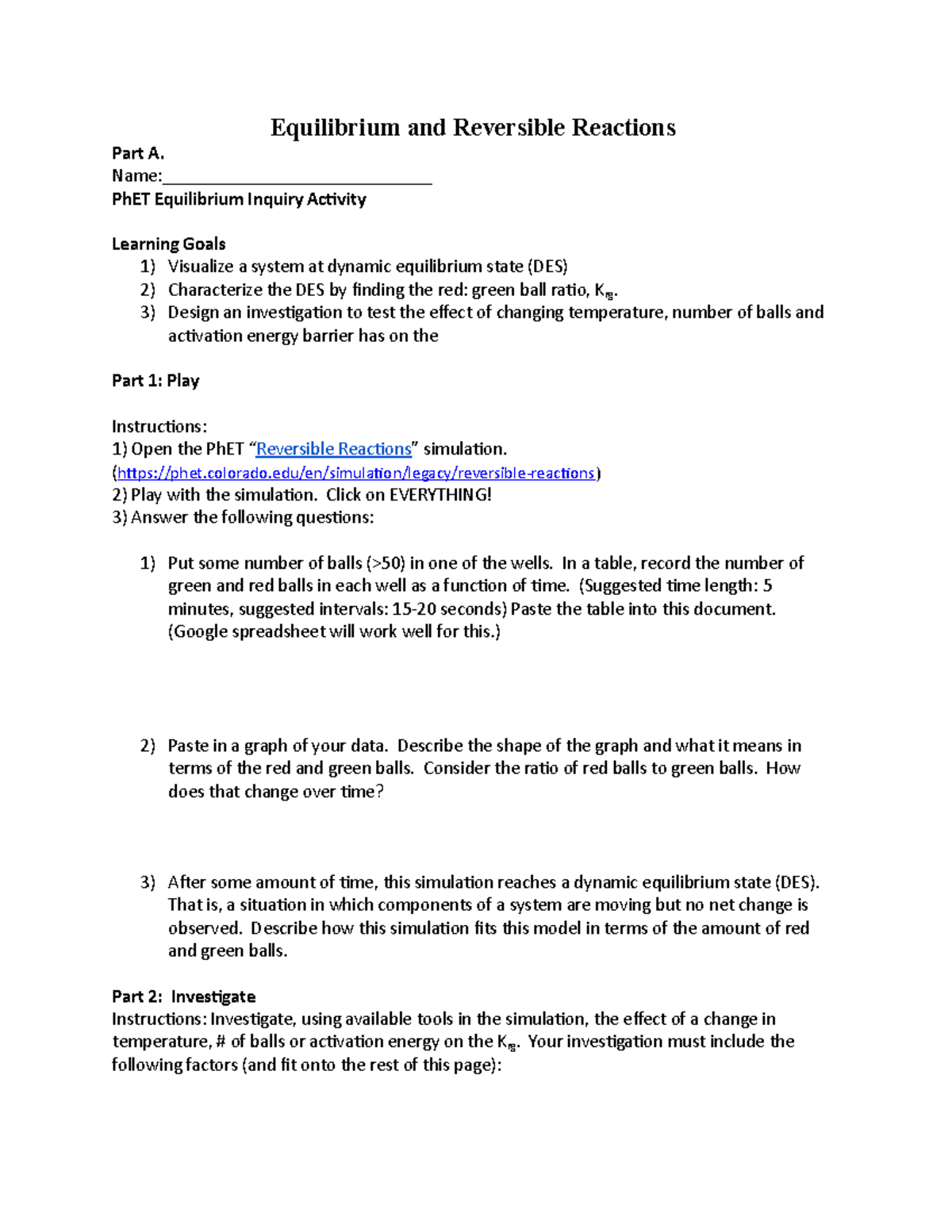 Equilibrium and Reversible Reactions - PhET Equilibrium Inquiry ...