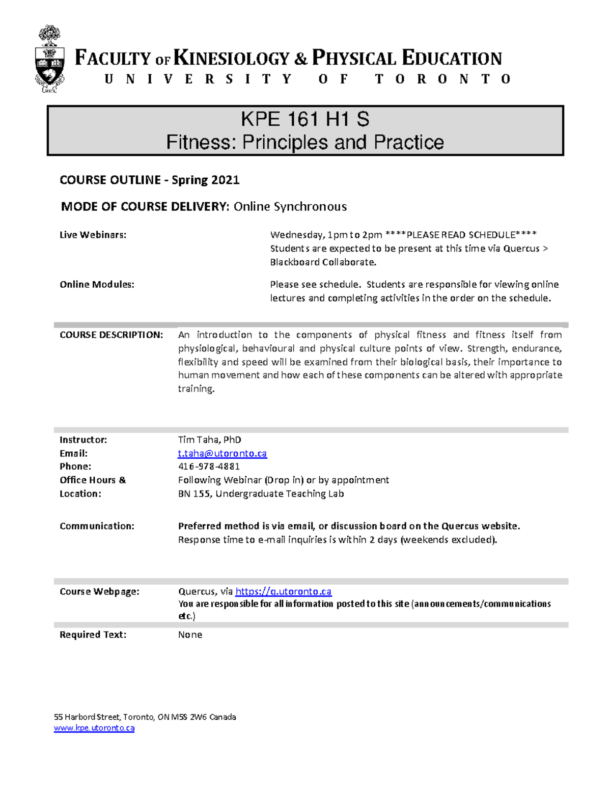 KPE 161 H1 S Fitness: Principles and Practice Course Outline Spring ...