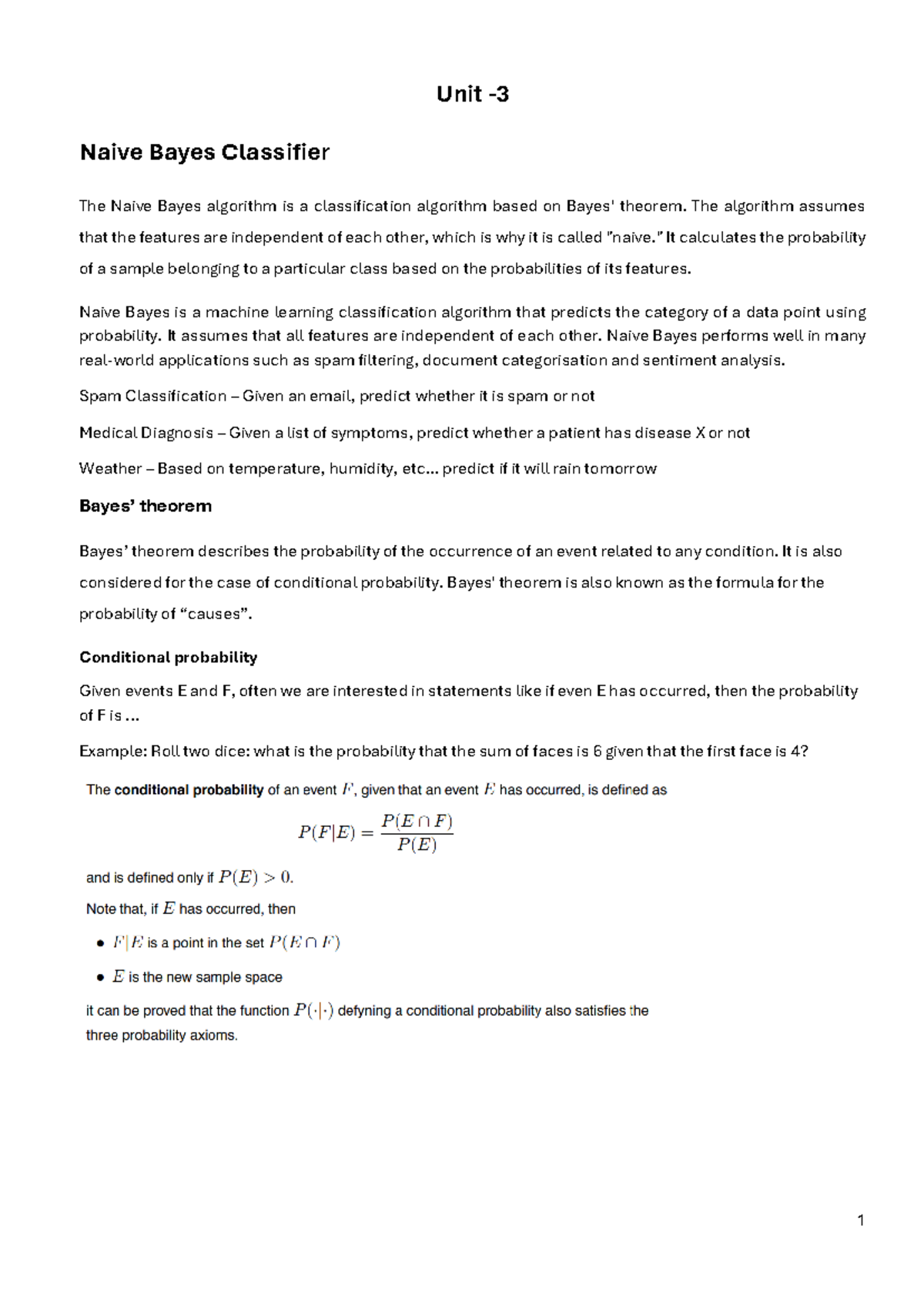 Unit-3: Naive Bayes Classifier Overview and Applications - Studocu