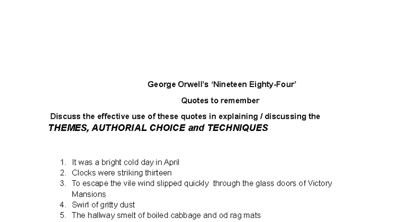 1984 Quotes Analysis: Themes, Authorial Choices & Techniques - Studocu