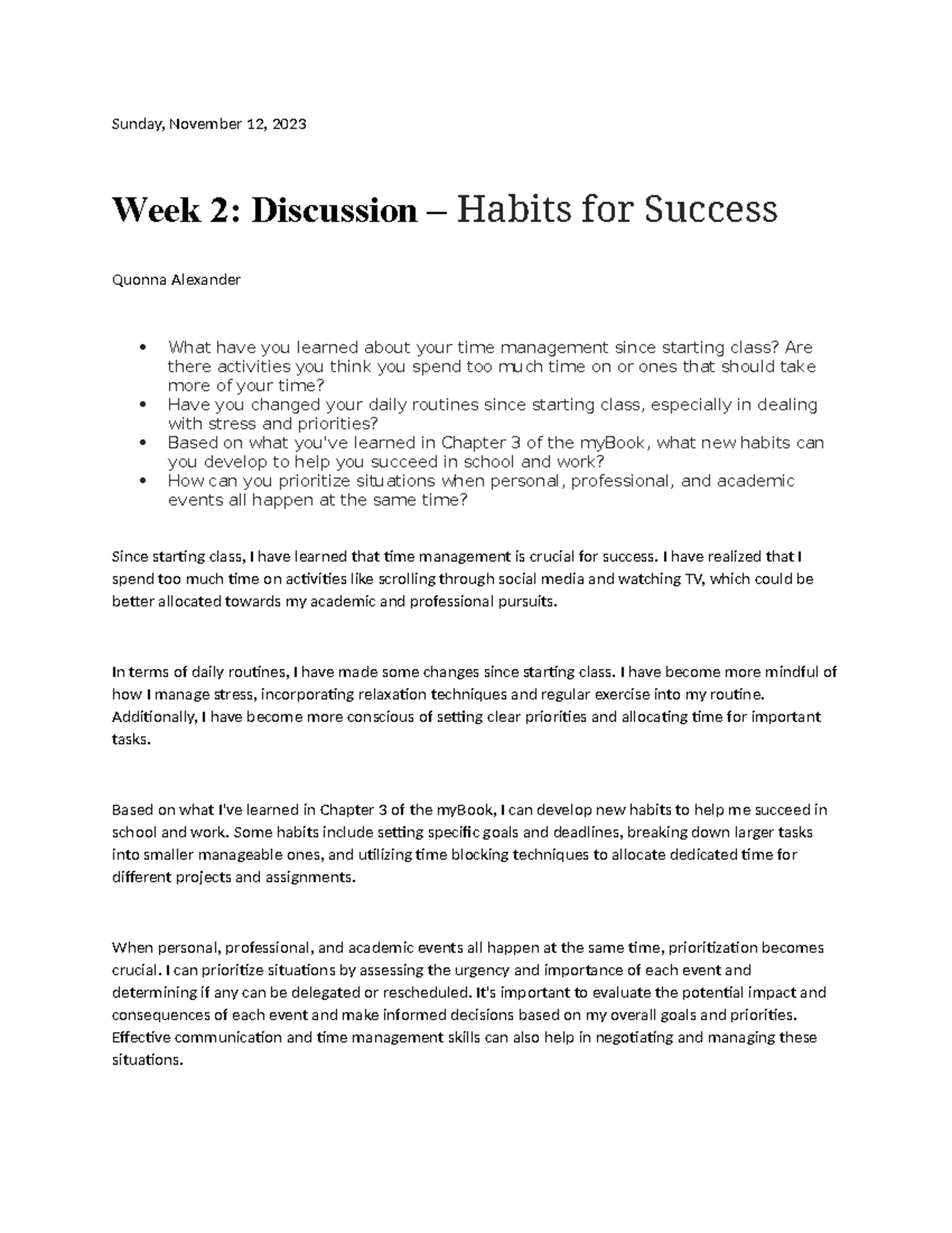 Week 2 Discussion: Time Management & Success Habits Insights - Studocu