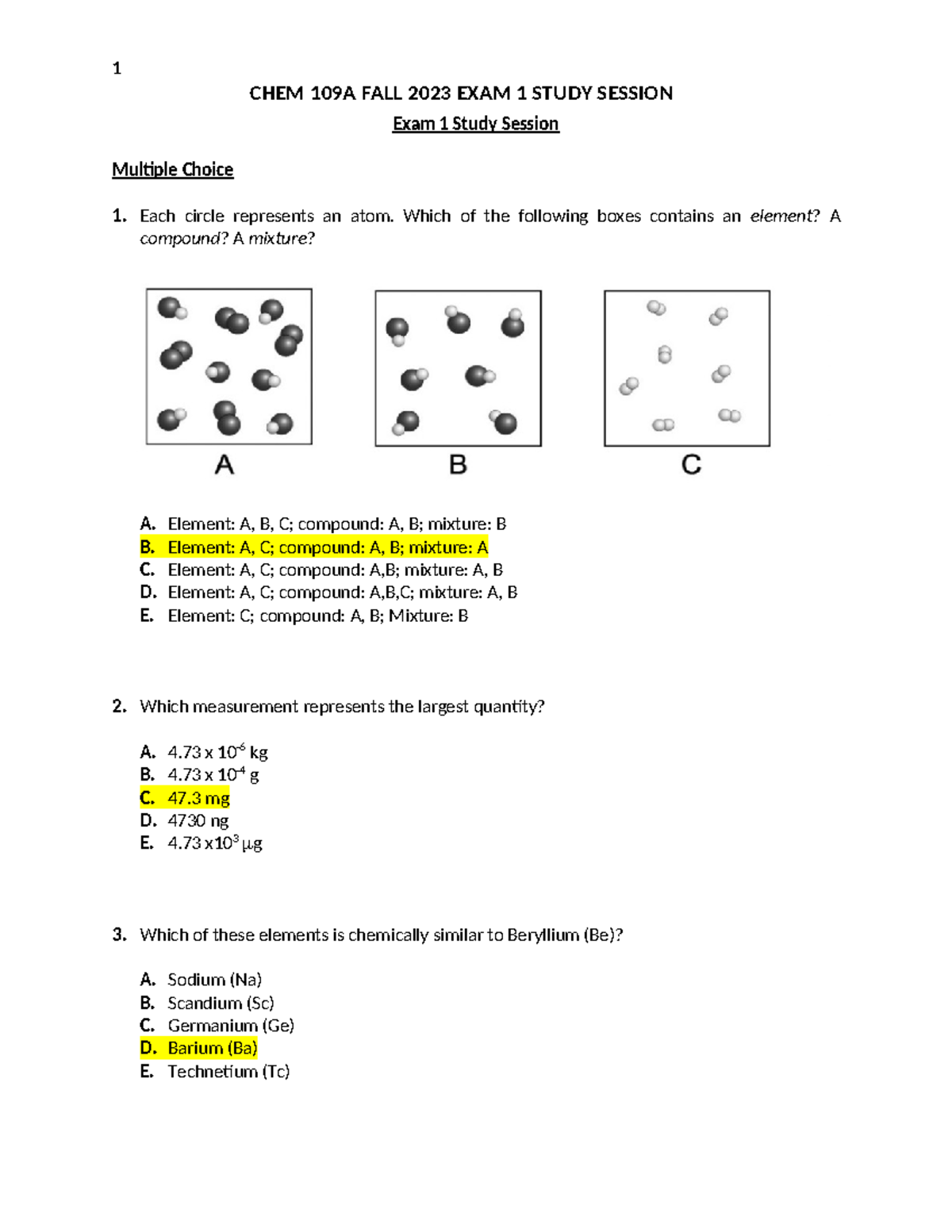 CHEM 109A FALL 2023 EXAM 1 STUDY SESSION GUIDELINES - Studocu