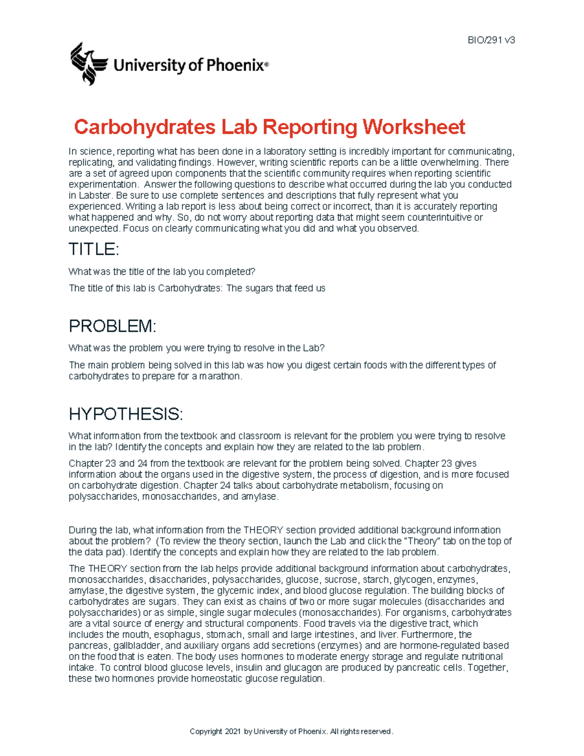 Bio291 v3 Week 4 Carbohydrates Lab Report and Analysis - Studocu