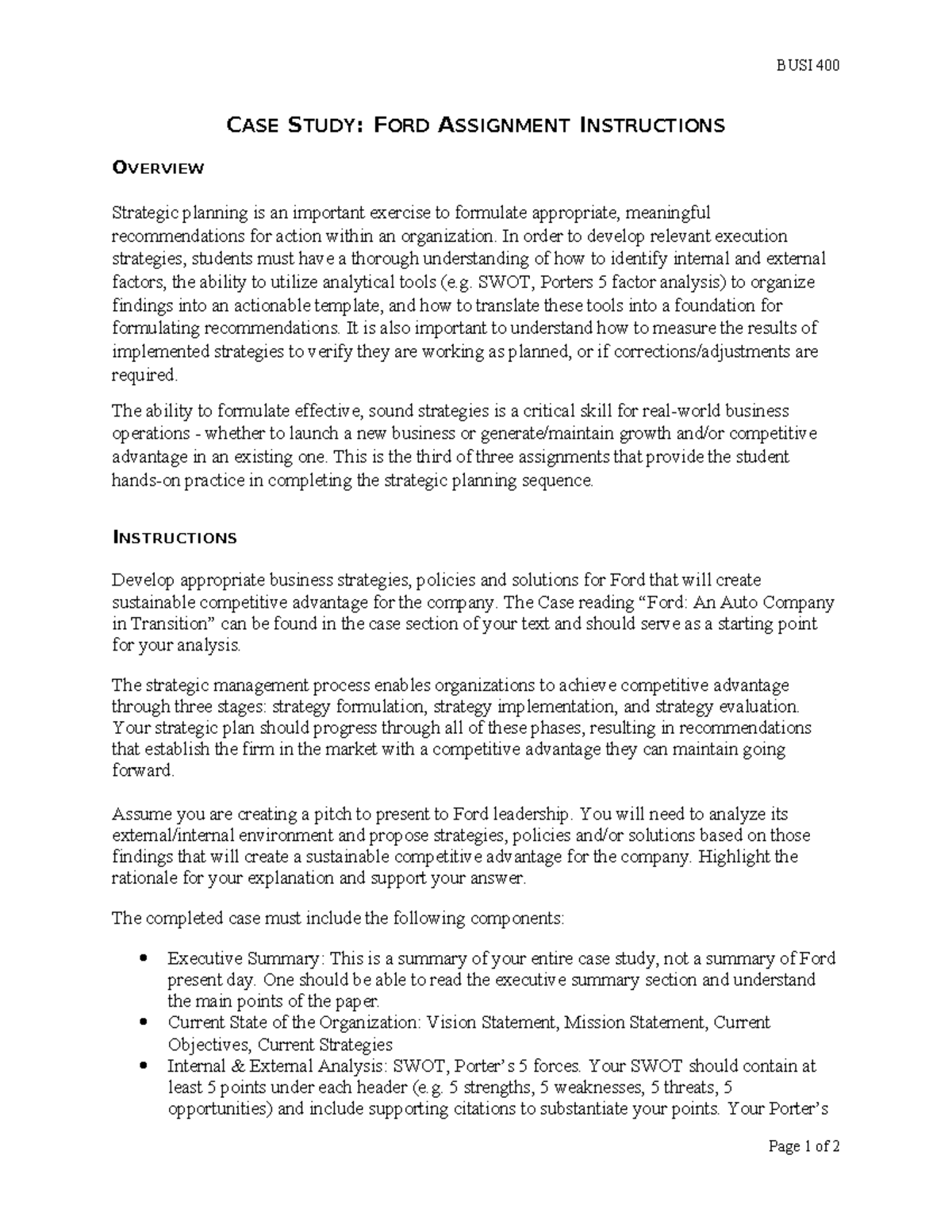 BUSI 400 Case Study: Ford Strategic Planning Assignment Guide - Studocu