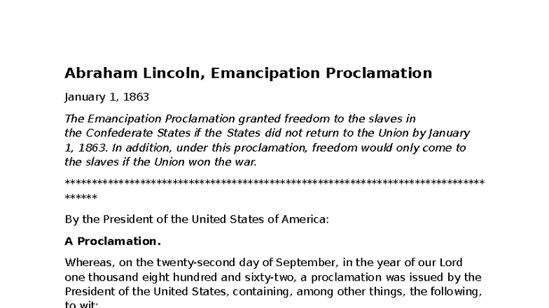 Emancipation Proclamation Analysis - HIST 101 Lecture Notes - Studocu