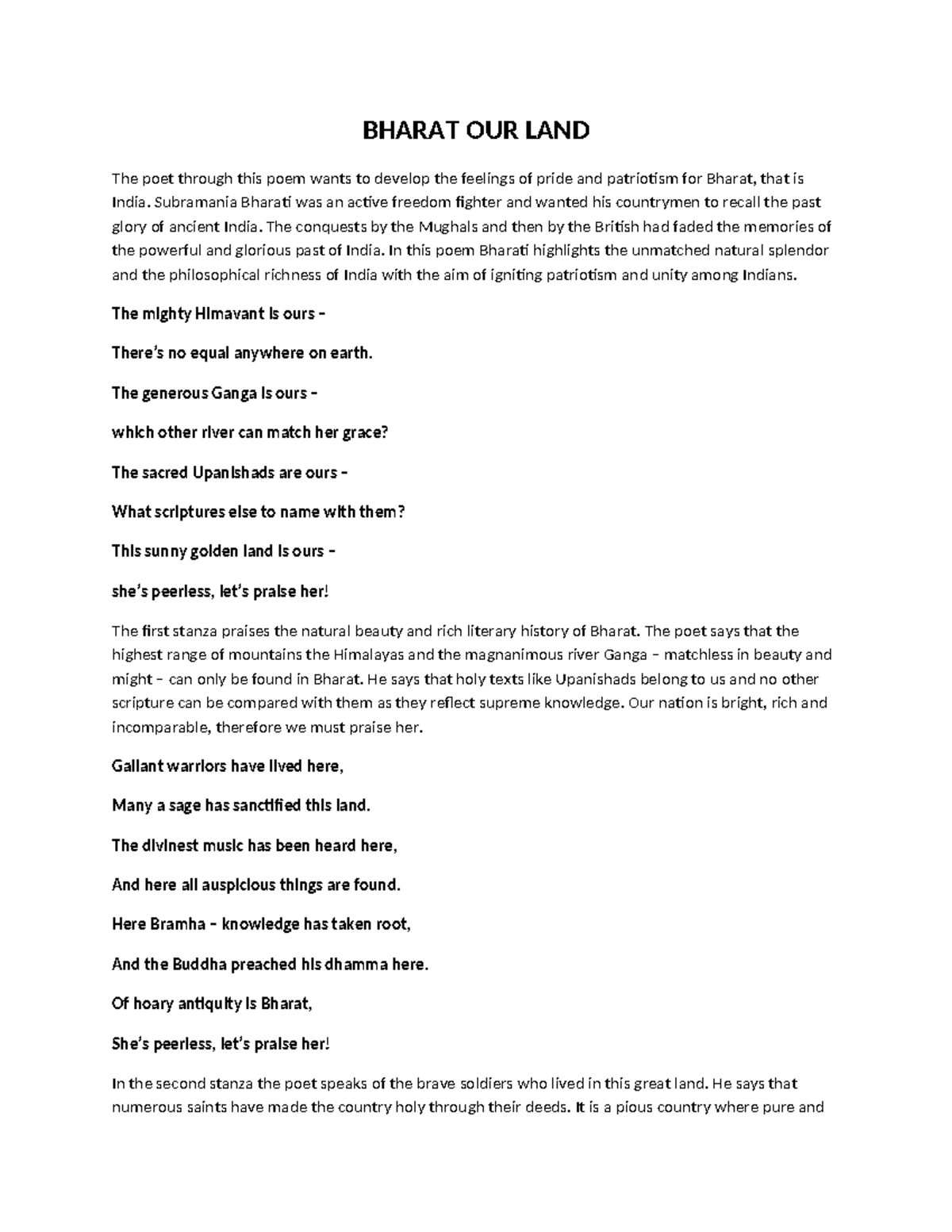 Notes on the Poem "Bharat Our Land" - Patriotism and Heritage - Studocu