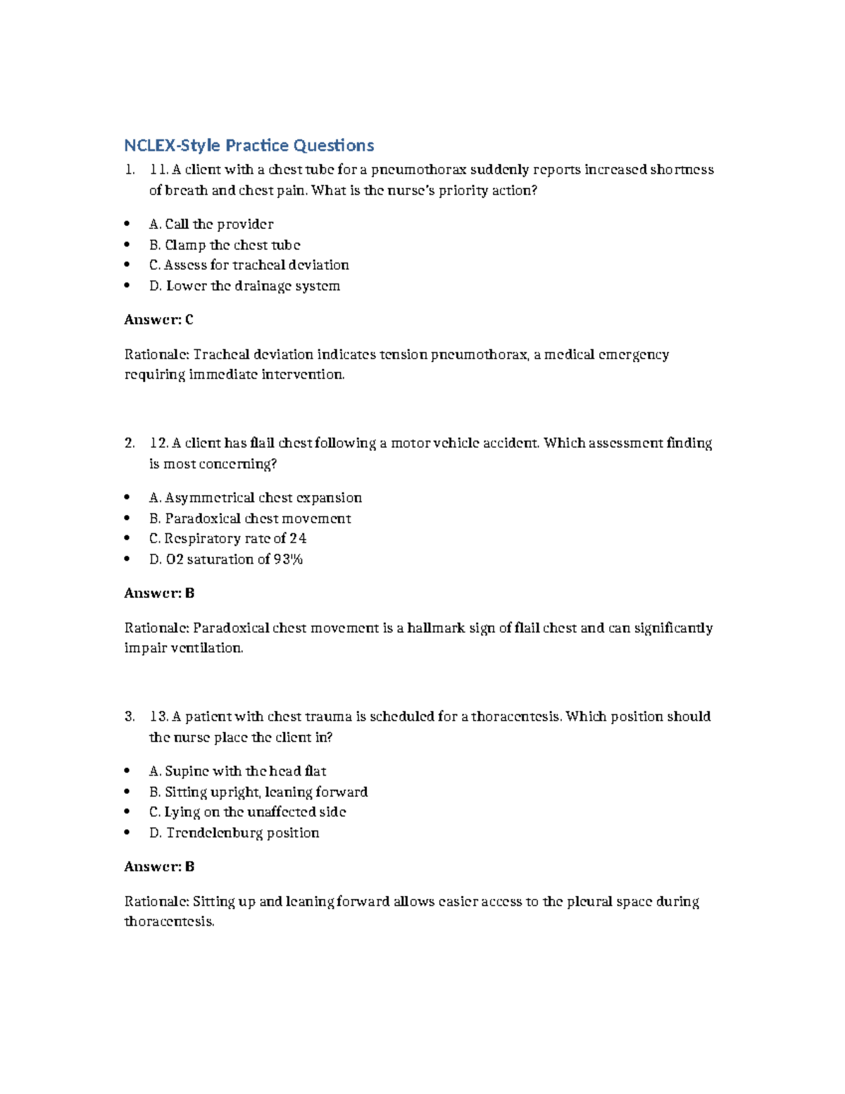 NCLEX Practice Questions: Ch30 & Ch47 on Chest Trauma Management - Studocu