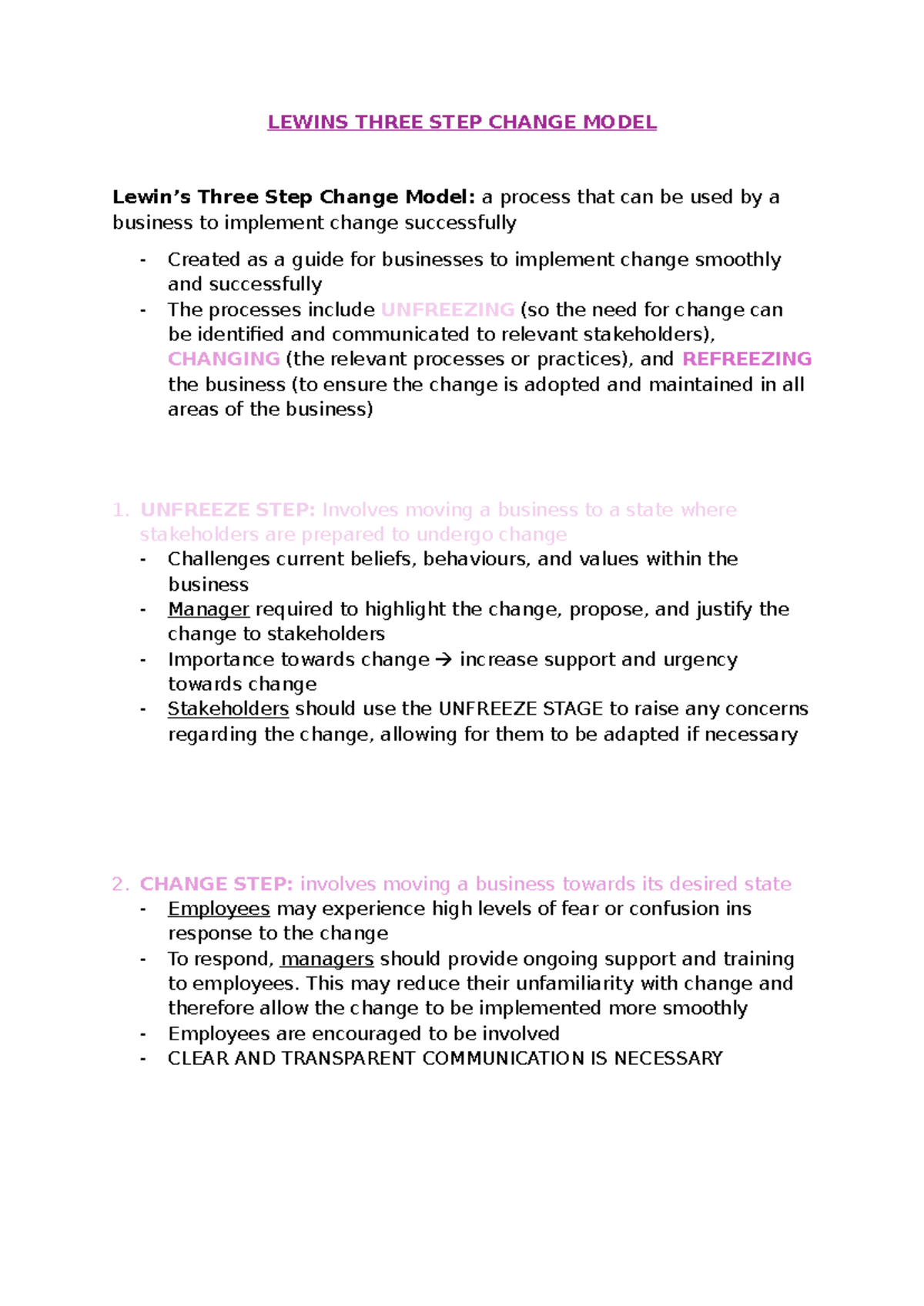 LEWINS THREE STEP CHANGE MODEL: A Guide to Successful Business Change ...