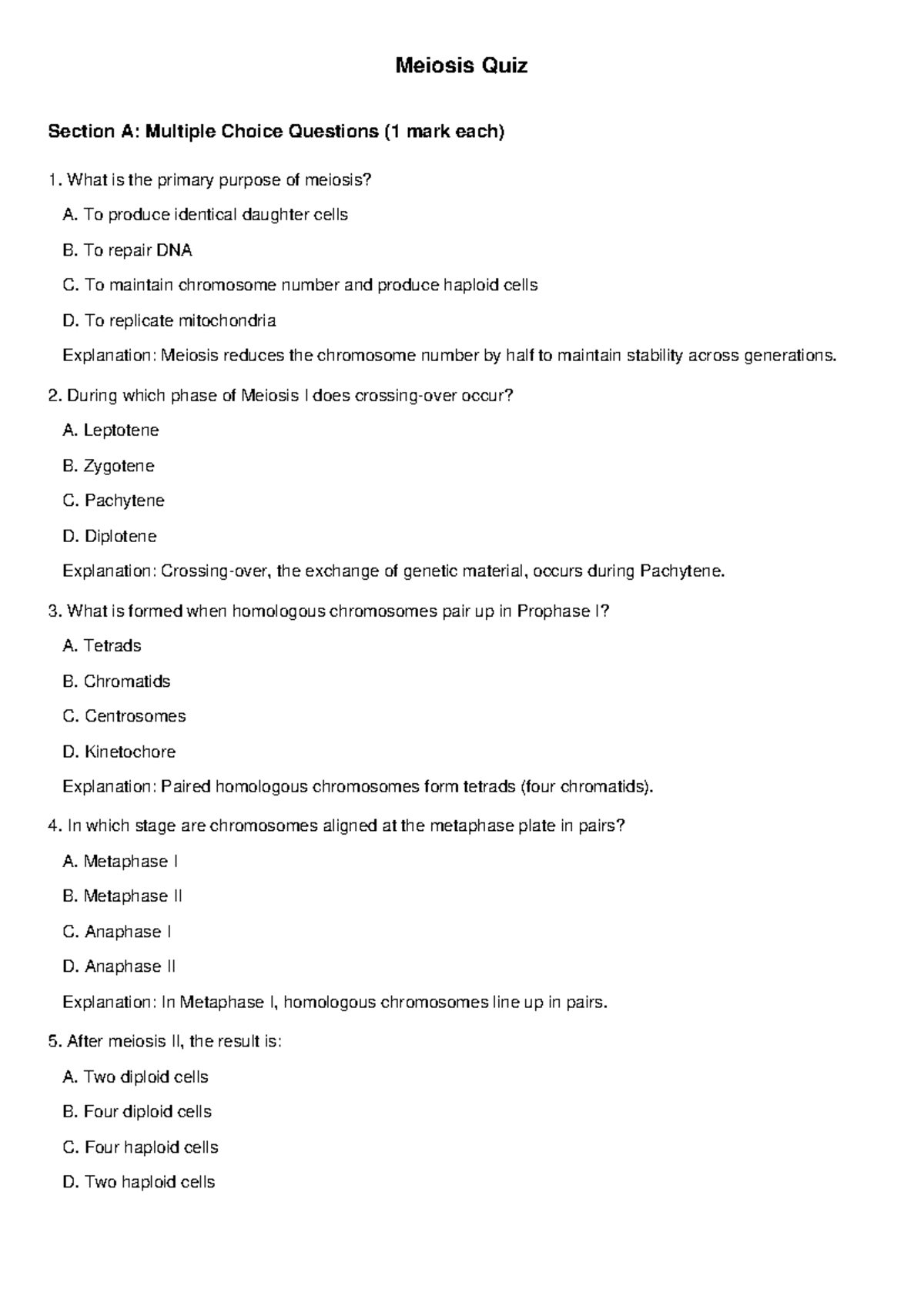 Meiosis Quiz (BIO101) - Section A: Multiple Choice Questions - Studocu