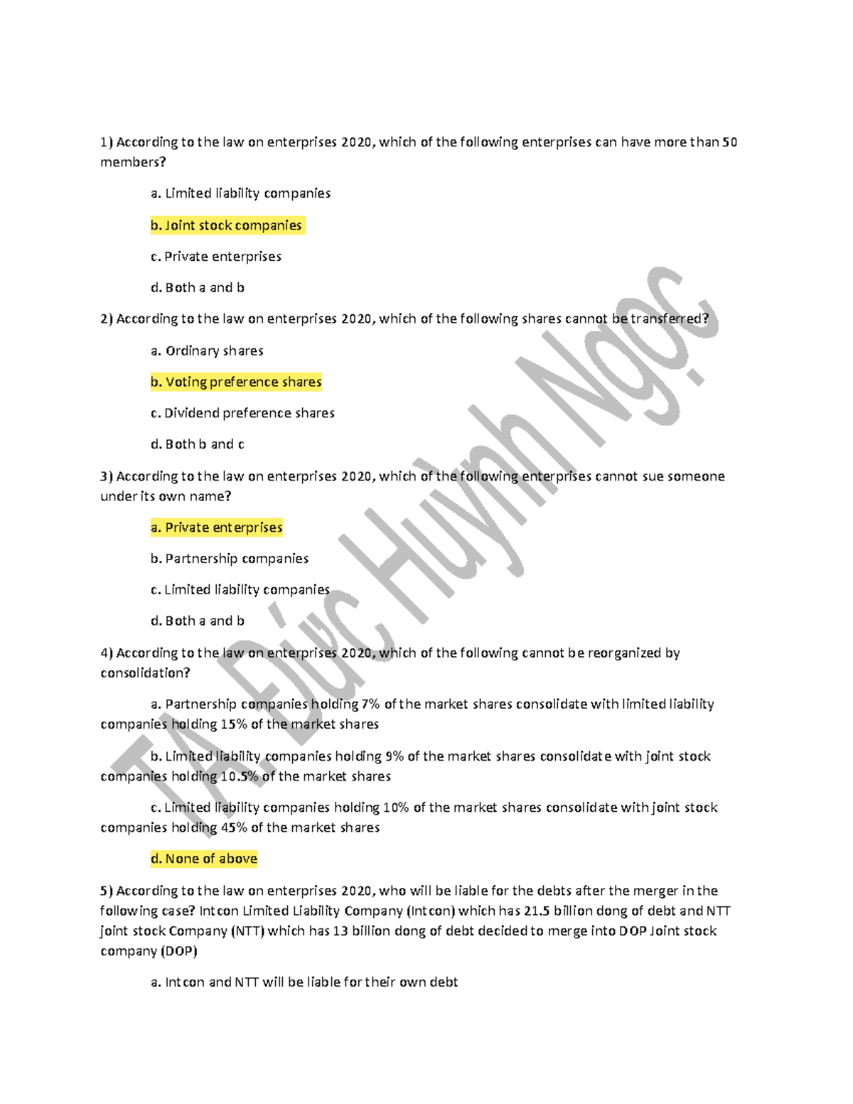 1 - Business Entities Quiz (Law on Enterprises 2020) - Studocu