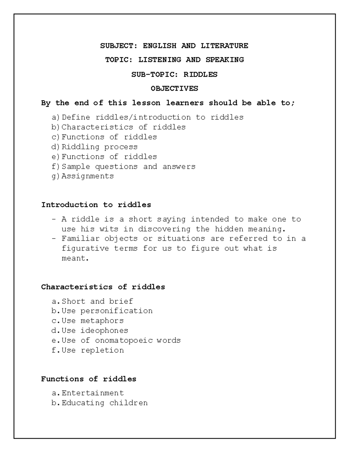 Riddles in English Literature: Lesson Notes and Activities - Studocu