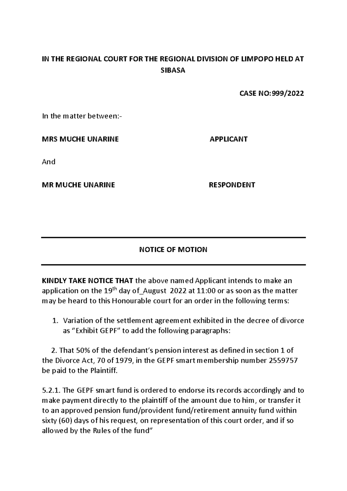 Application for Variation of Divorce Settlement - Case No. 999/2022 ...
