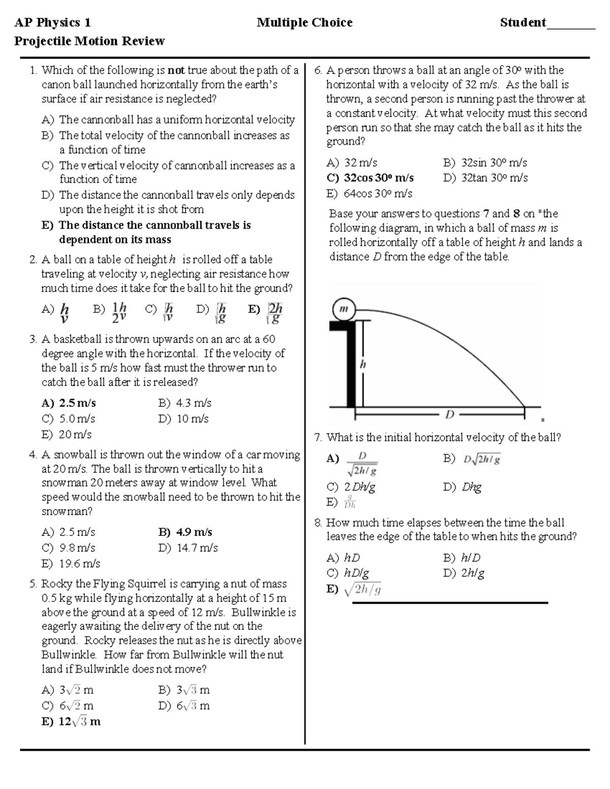 AP Physics 1: Projectile Motion Multiple Choice Answer KEY - Studocu