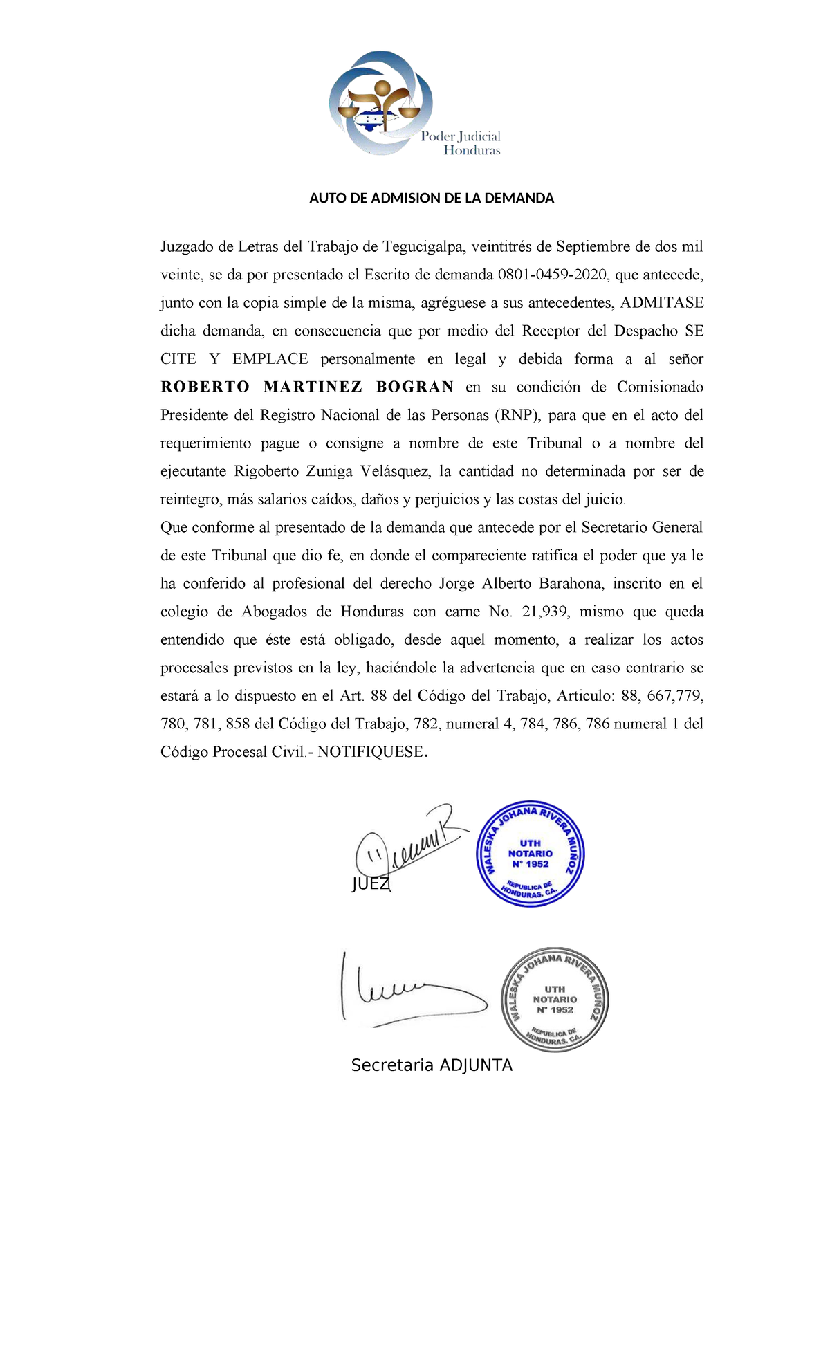 AUTO DE Admision - AUTO DE ADMISION DE LA DEMANDA Juzgado de Letras del ...