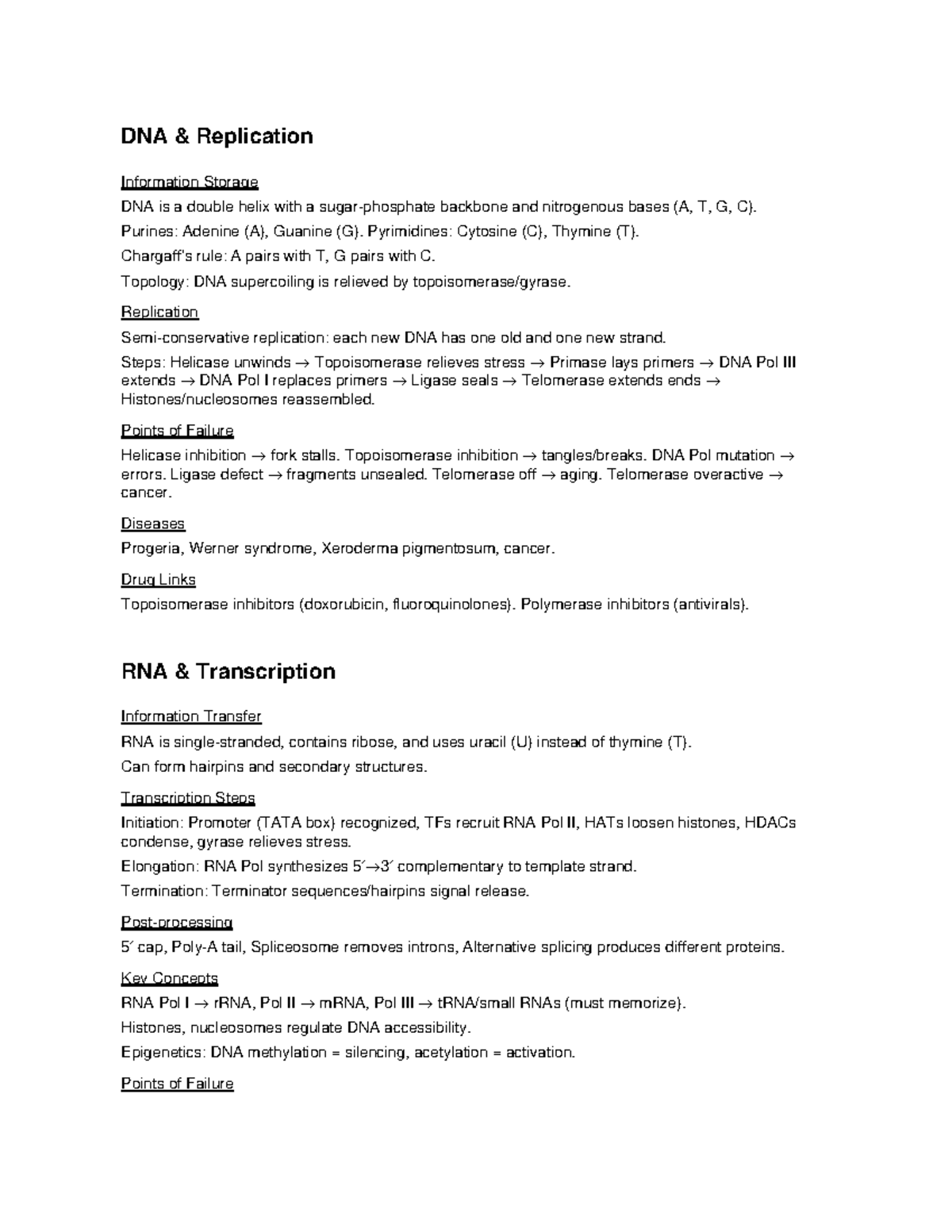 Comprehensive Nocat Notes on DNA Replication and RNA Transcription ...