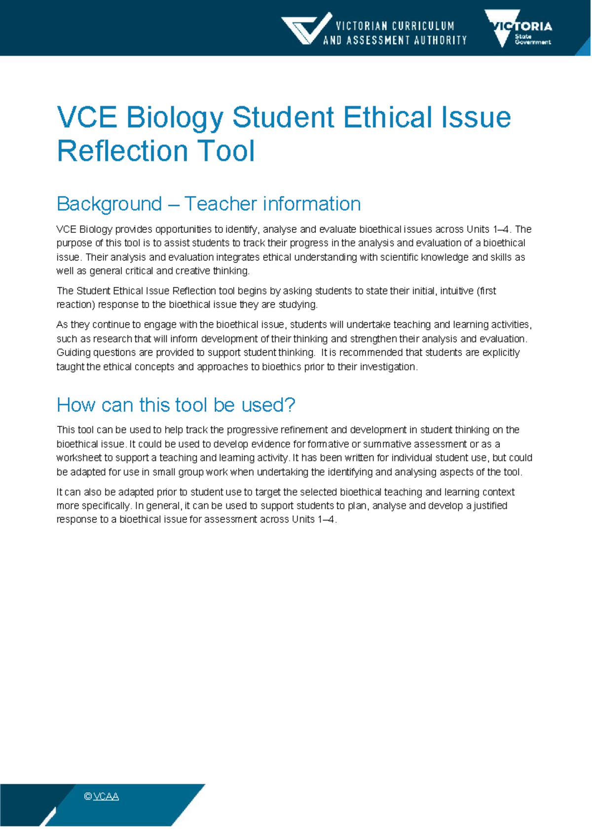 VCE Biology 2021 Student Ethical Issue Reflection Tool - Studocu