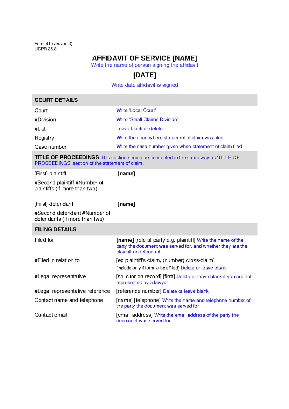 UCPR 35.8 Affidavit of Service Instructions (Form 41) - Studocu