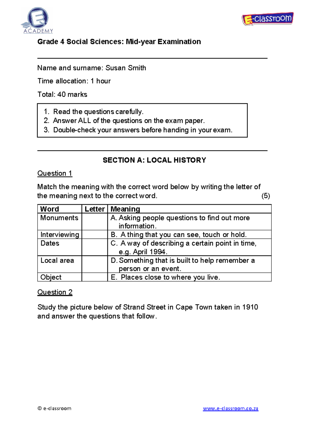 Gr04 Social Sciences: Term 2 Practice Exam Paper - Studocu