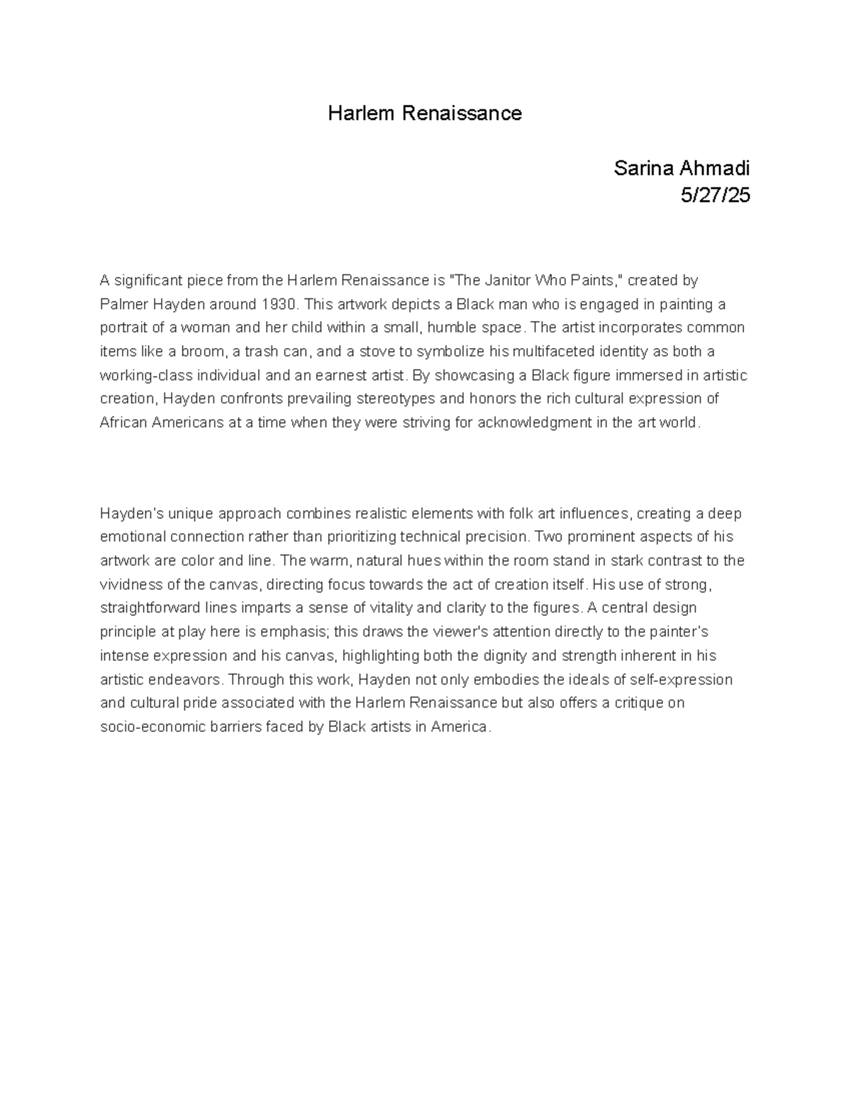 Harlem Renaissance Art Analysis: Palmer Hayden's "Janitor" - Studocu
