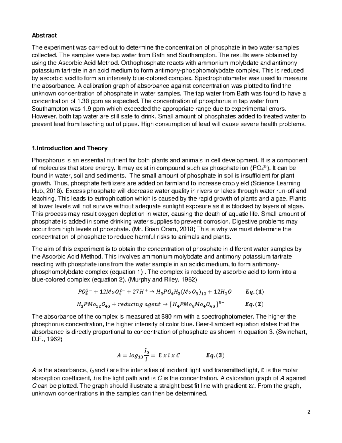Colorimetric Method For Phosphate Analysis In Water Samples Abstract