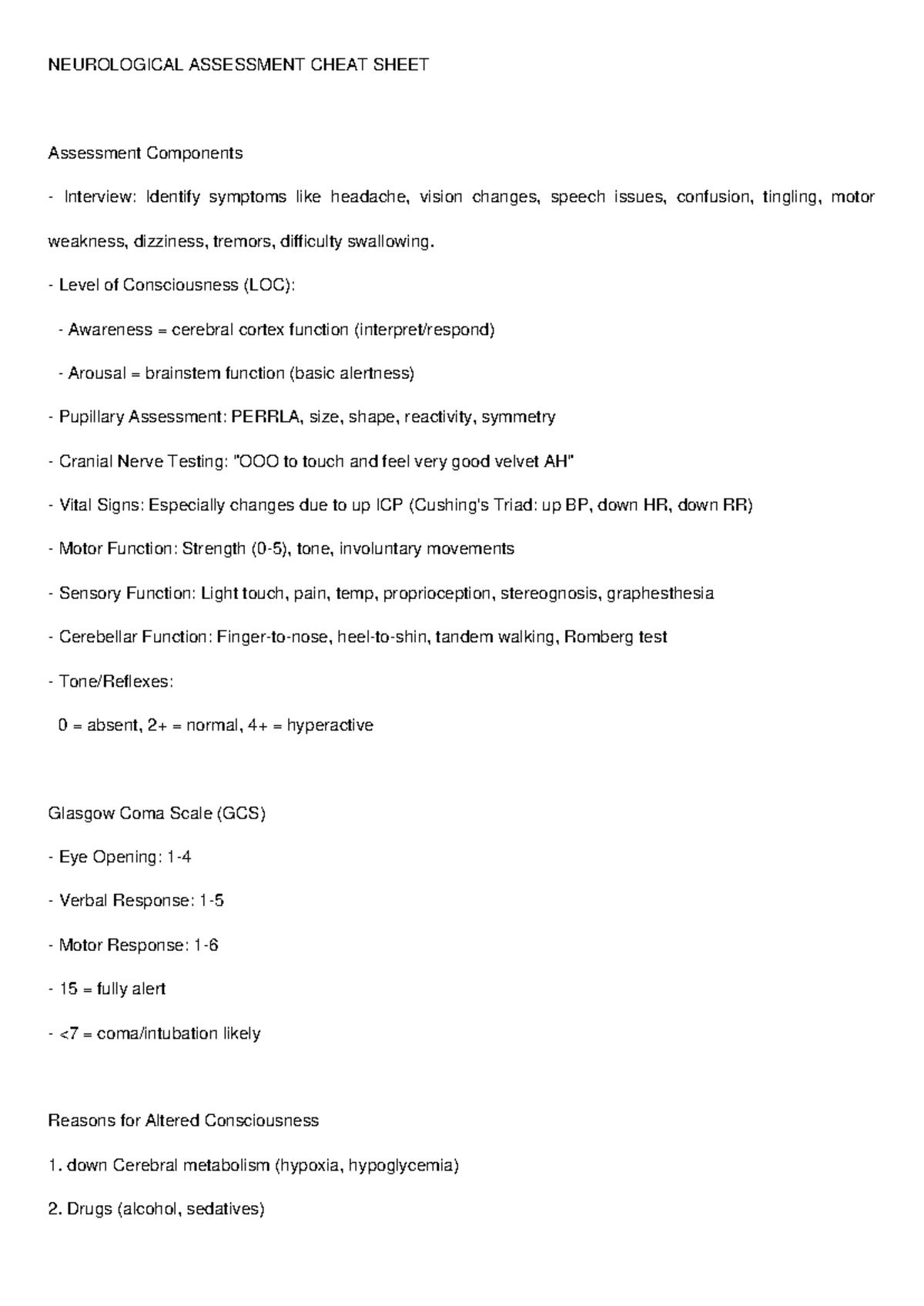 Neurological Assessment Cheat Sheet for Clinical Practice - Studocu