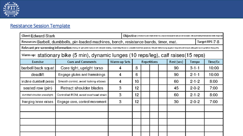 Resistance Session Template for Client 2: Edward Stark (Jan 2025) - Studocu