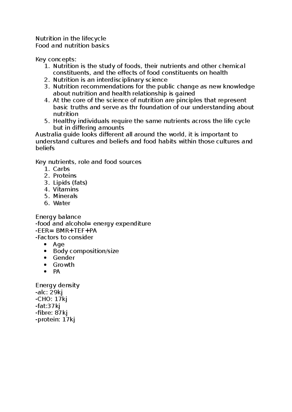 Nutrition in the Lifecycle: Key Concepts and Nutrient Roles - L1 - Studocu