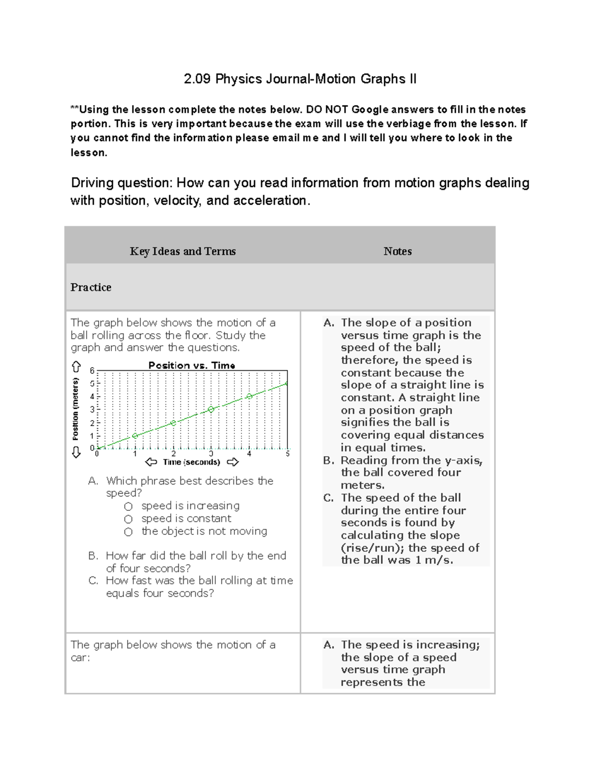 Copy of 2.09 Physics Journal-Motion Graphs II - 2 Physics Journal ...