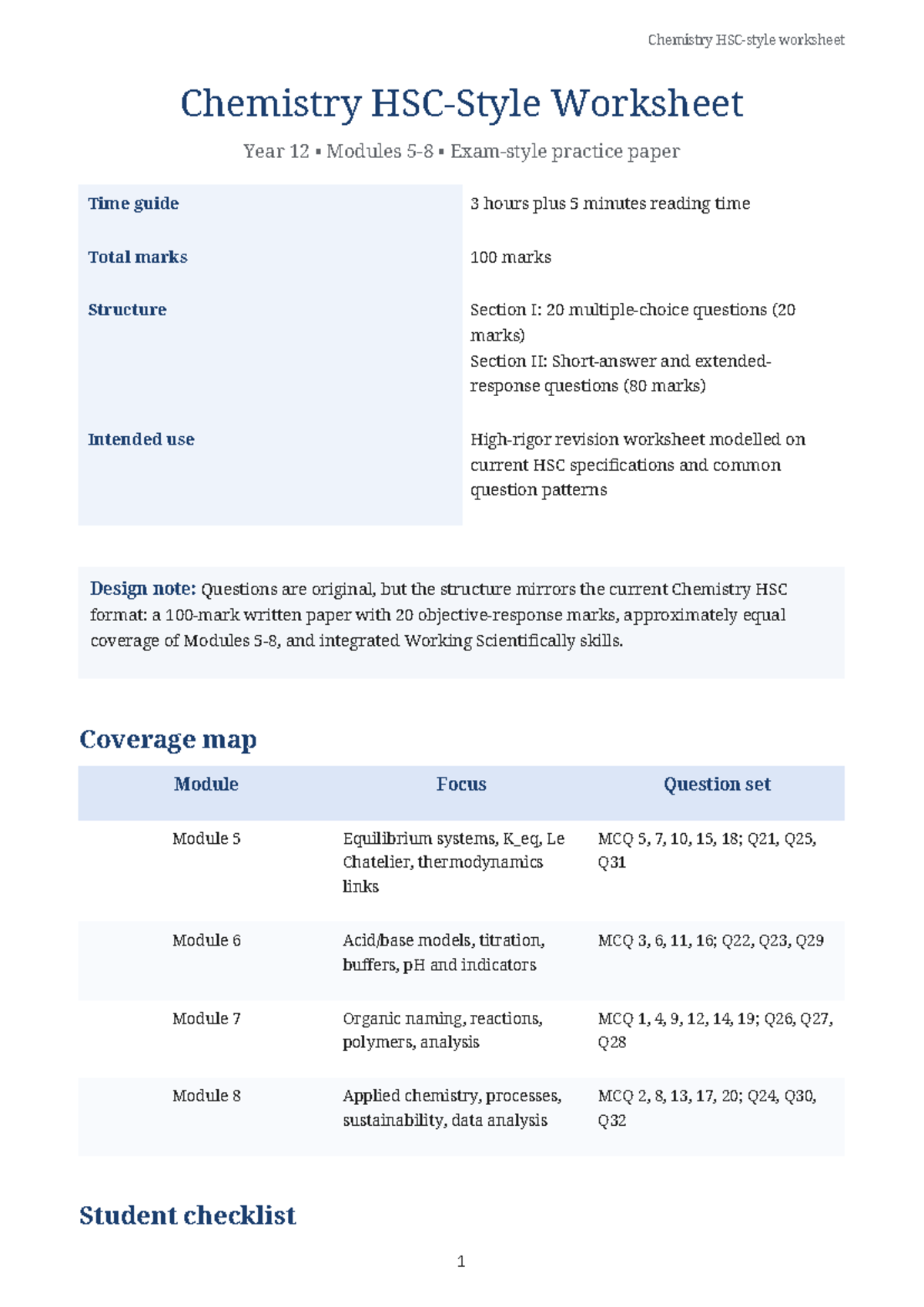 Chemistry HSC Style Worksheet Year 12 Practice Paper - Studocu