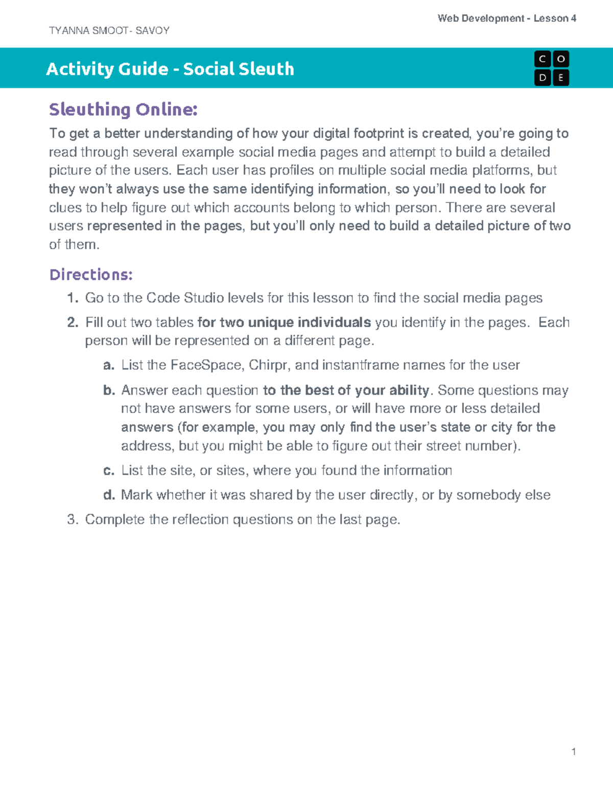 U2L04 - Social Sleuth Activity Guide for Web Development Lesson - Studocu