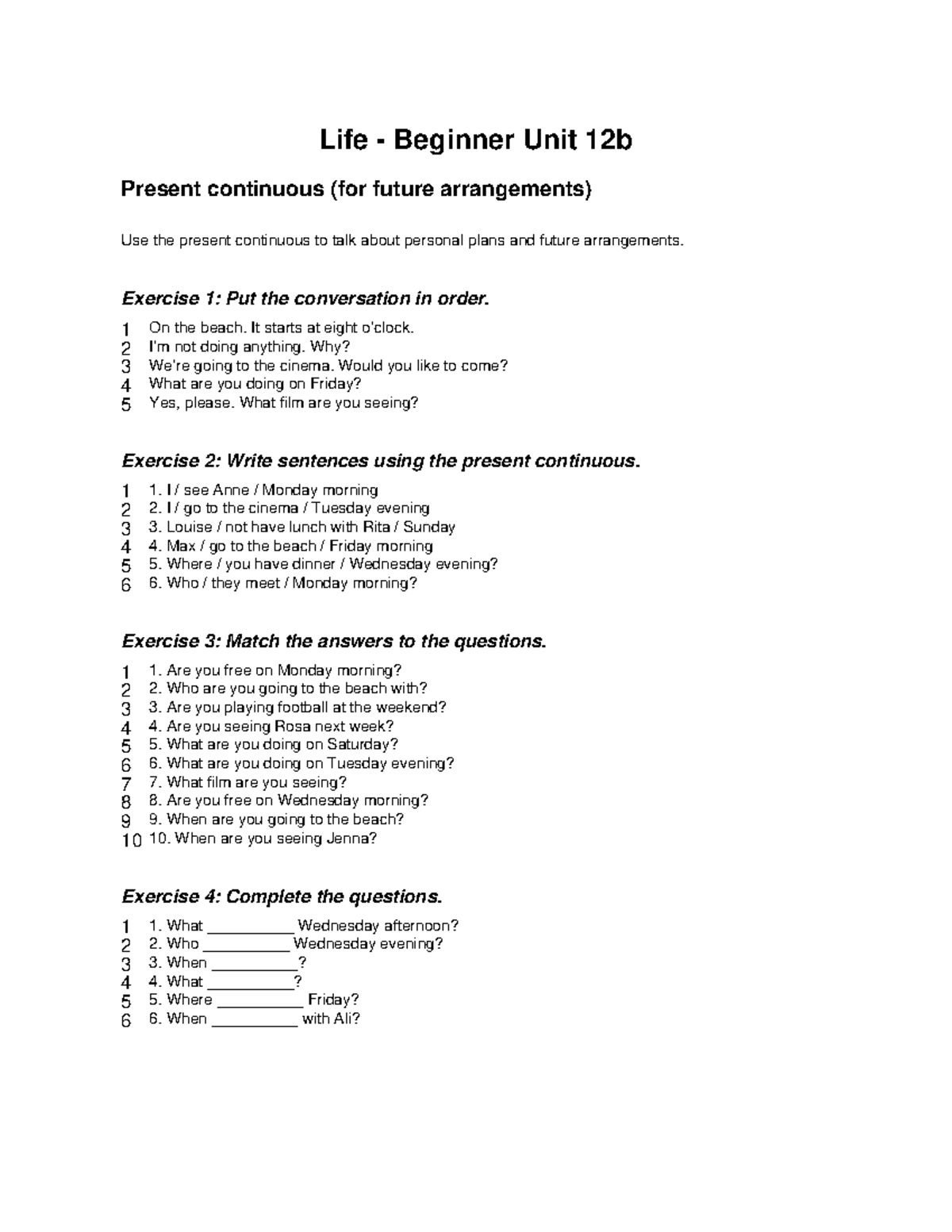 Beginner Unit 12b: Present Continuous for Future Plans - Studocu