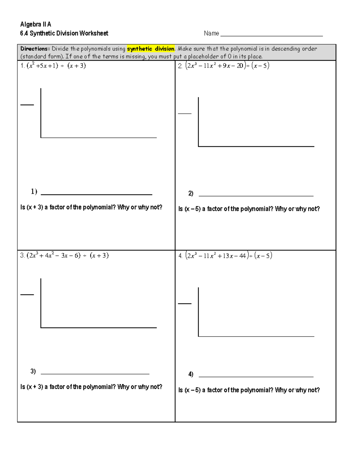 Algebra II A Synthetic Division Practice Worksheet - Studocu