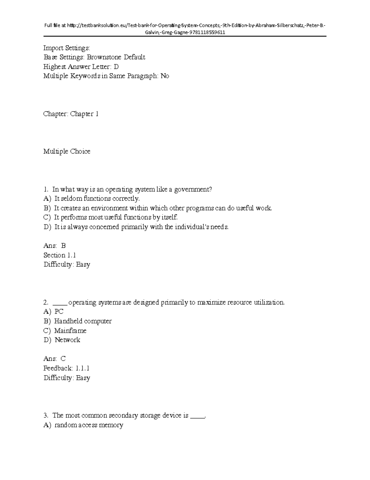 Test Bank for Operating System Concepts 9th Ed - Chapter 1 Questions ...
