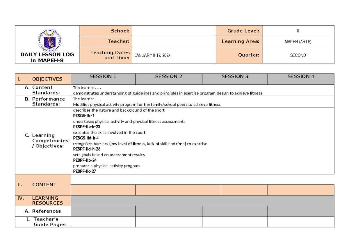 CO1-2024-2025 - GRADE 8 MAPEH DAILY LESSON LOG - Studocu