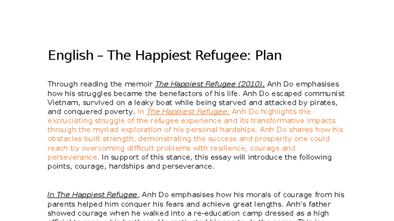 ENG101 - In-Class Essay Plan on "The Happiest Refugee" Themes - Studocu