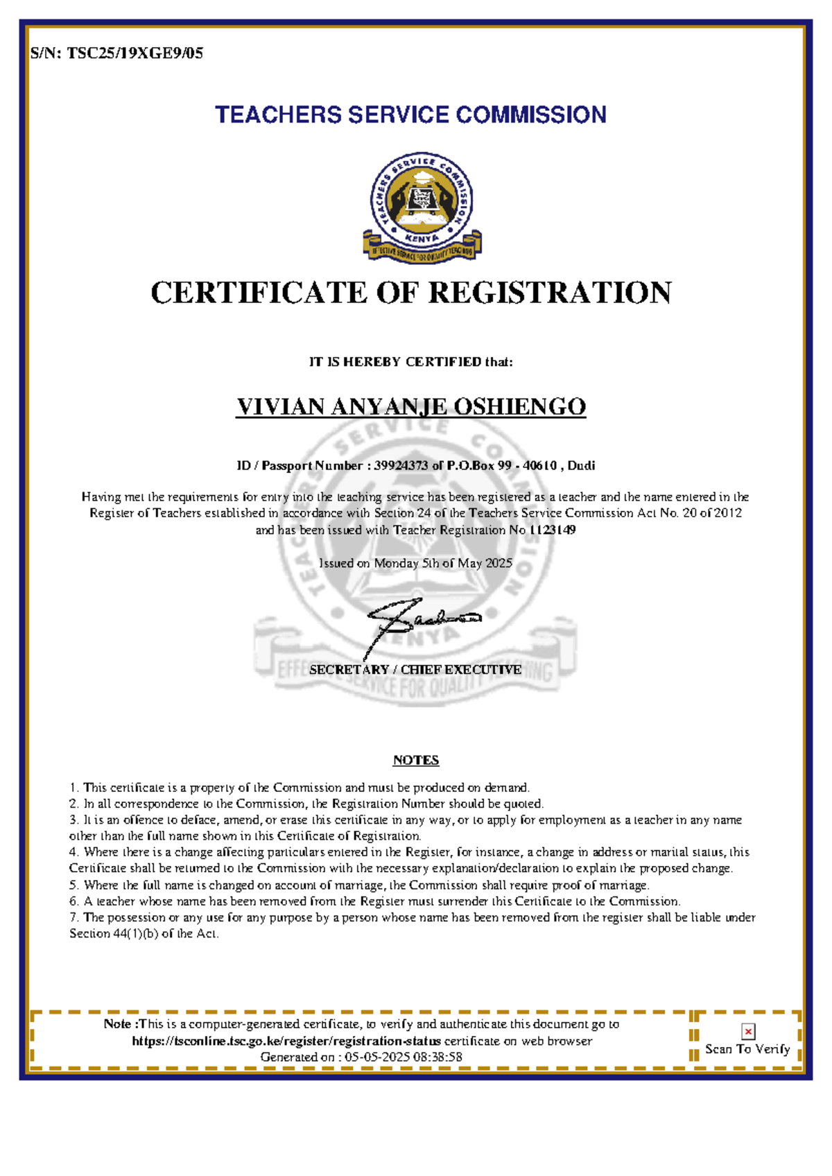 TSC Registration Certificate for Vivian Oshiengo - No. 1123149 - Studocu