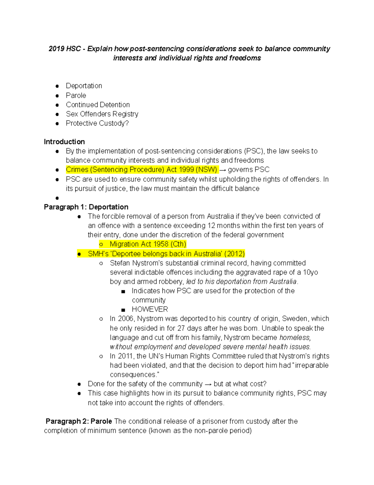 HSC 2019: Sentencing & Punishment Essay Plan on PSC Balancing Rights ...